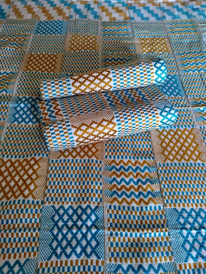 Ghana Kente Fabric Authentic Handwoven Cloth Blue Gold & White ...