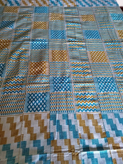 Ghana Kente Fabric Authentic Handwoven Cloth Blue Gold & White ...